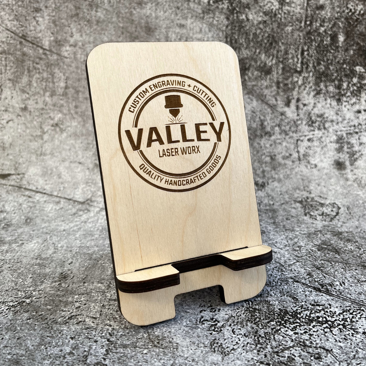 Custom Laser Cut and Engraved Wood Phone Stand with Logo – Valley Laser ...